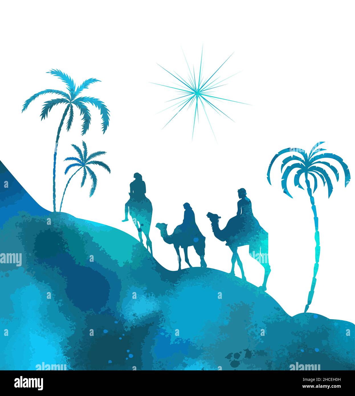 Christmas star. Magi on camels. Watercolor religious card. Vector ...