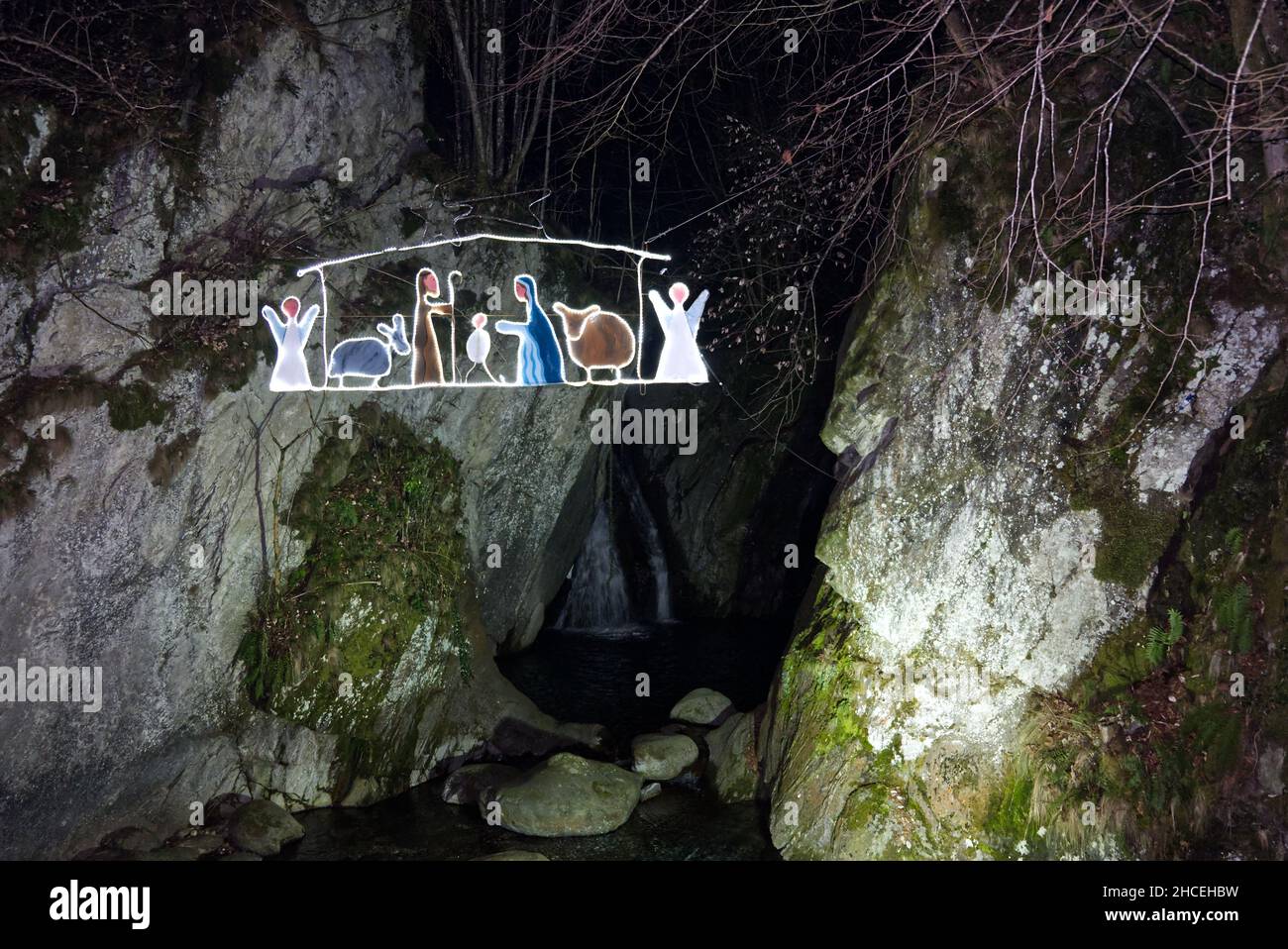 Locana, Italy - 26 december 2021: nativity scene suspended above a ...