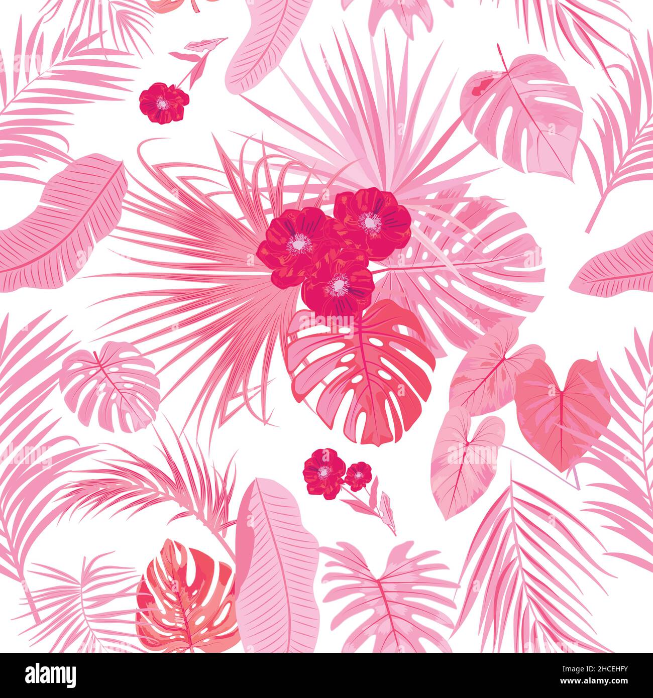 Seamless pattern with pink flowers and tropical palm leaves, jungle ...