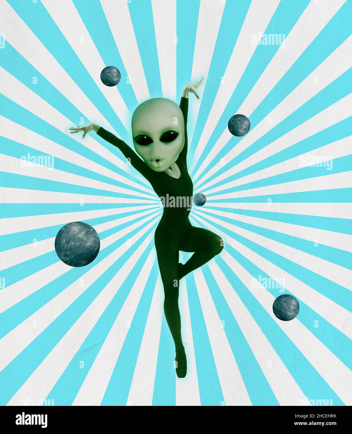 Young ballerina with alien head dancing isolated on blue white striped ...