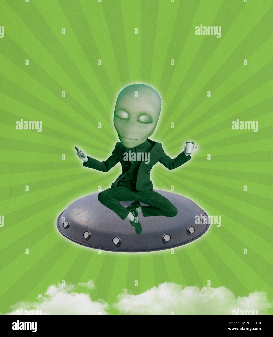 Green alien with human body sitting on small UFO in lotus position and ...