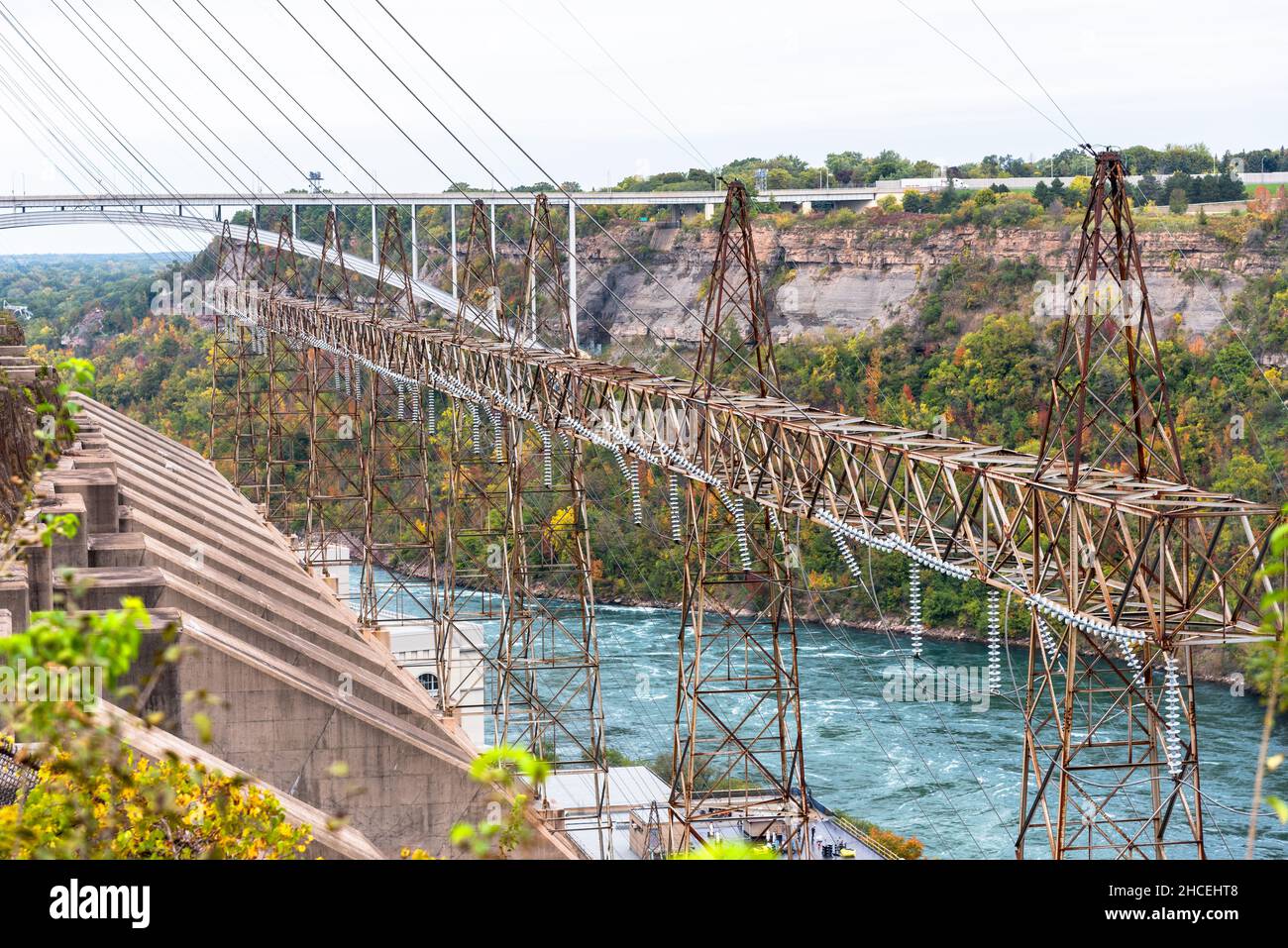 Electricity pylons supporting high voltage cables in a hydroelectric ...