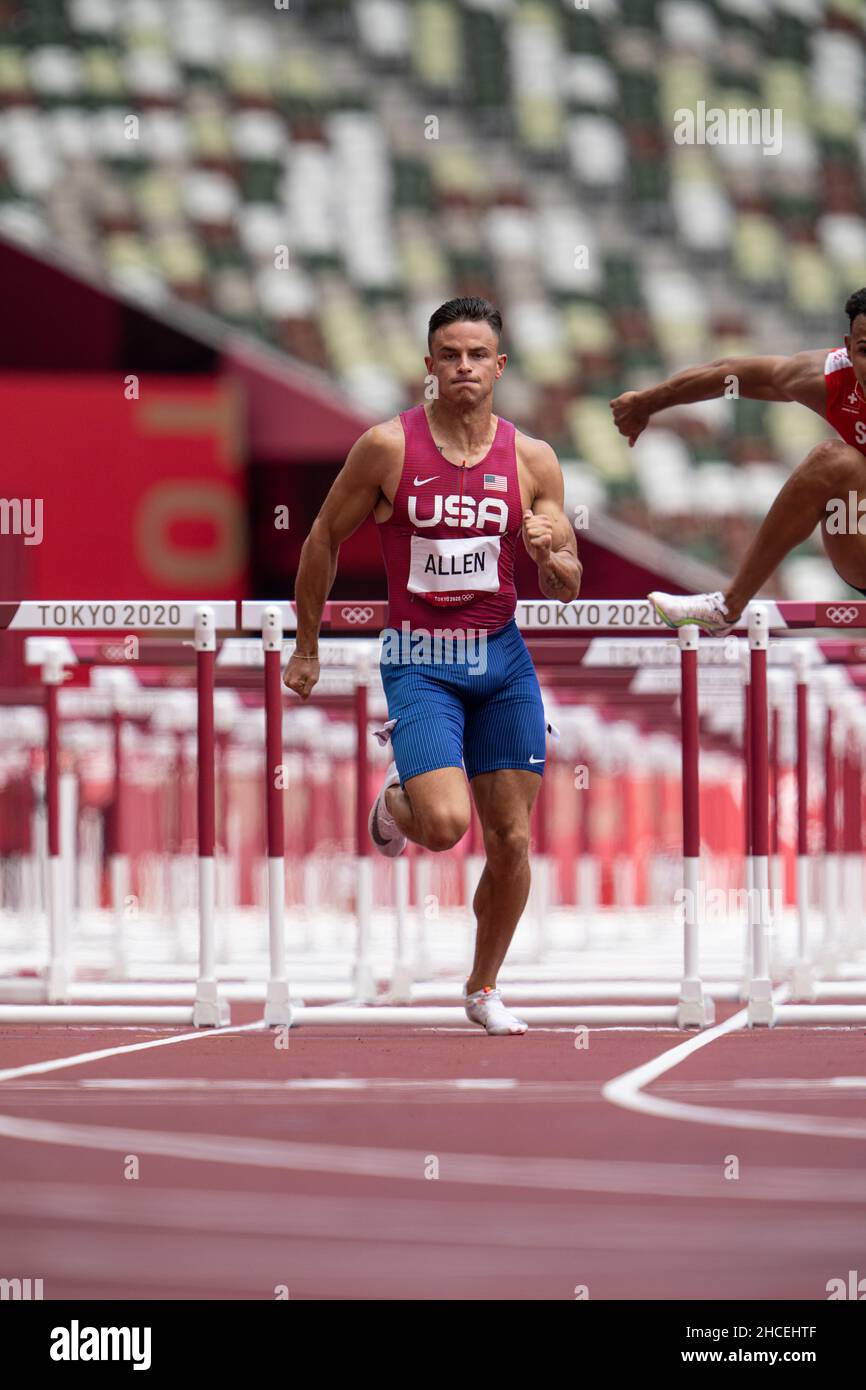 Devon Allen participating in the 110 meter hurdles at the 2020 Tokyo ...