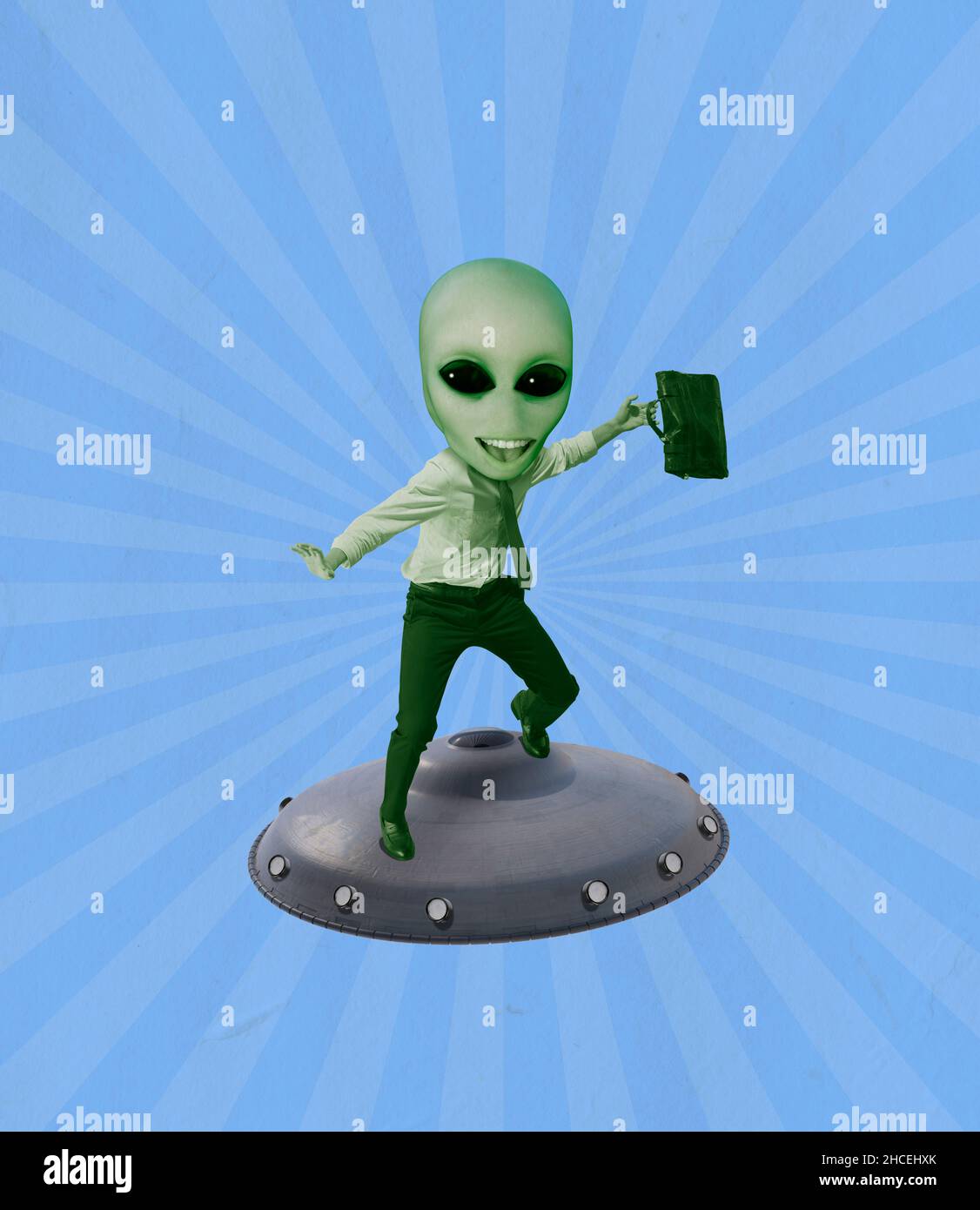 Happy green alien with human body surfing on UFO. Contemporary art ...
