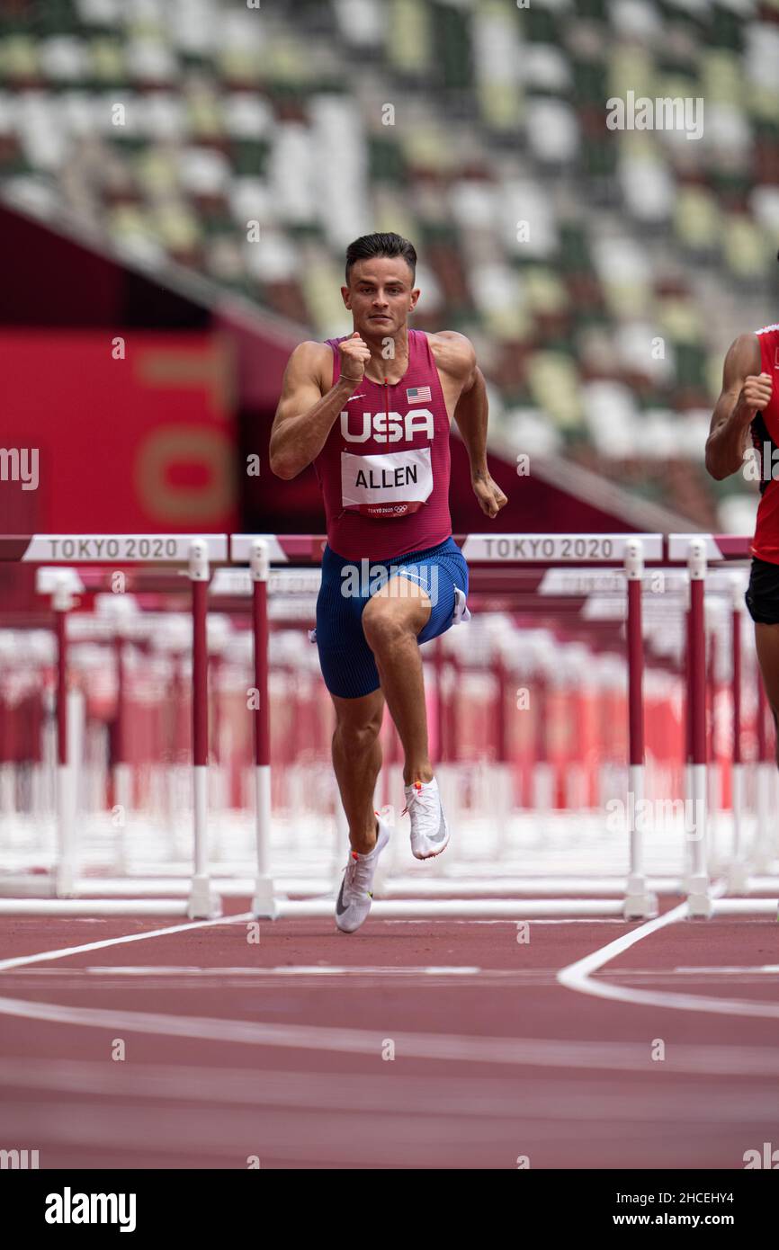 Devon Allen participating in the 110 meter hurdles at the 2020 Tokyo ...