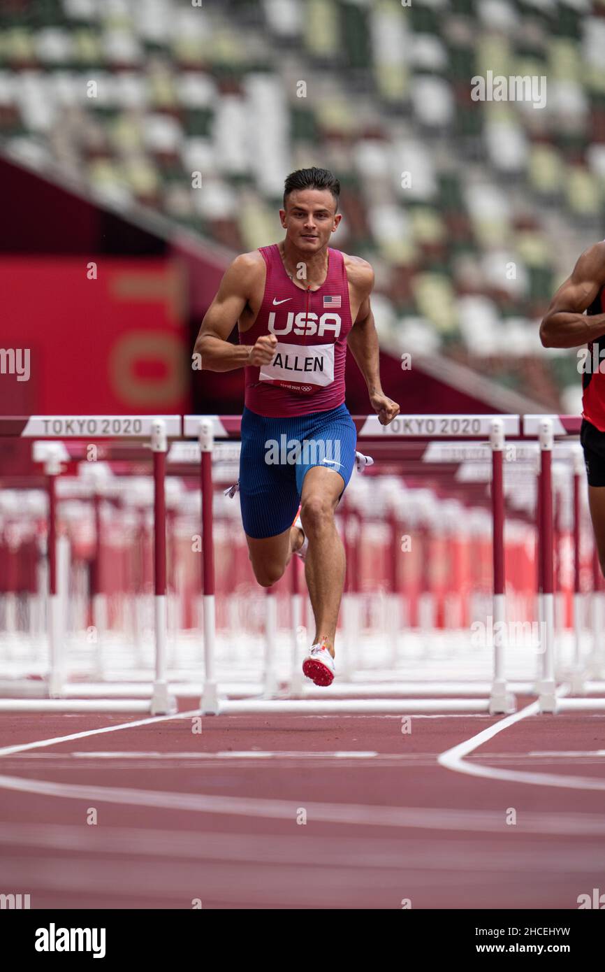 Devon Allen participating in the 110 meter hurdles at the 2020 Tokyo ...