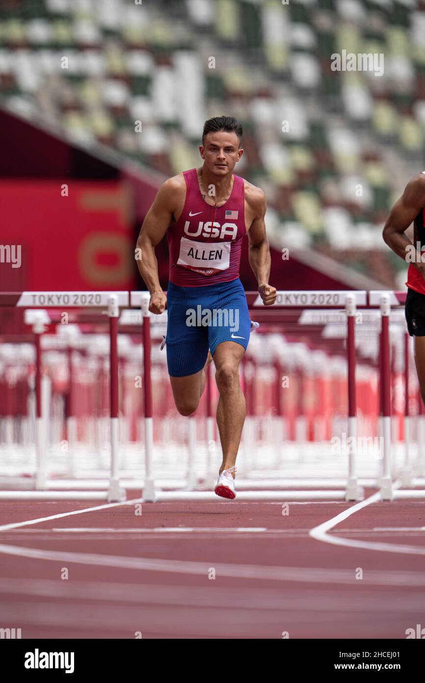 Devon Allen participating in the 110 meter hurdles at the 2020 Tokyo ...