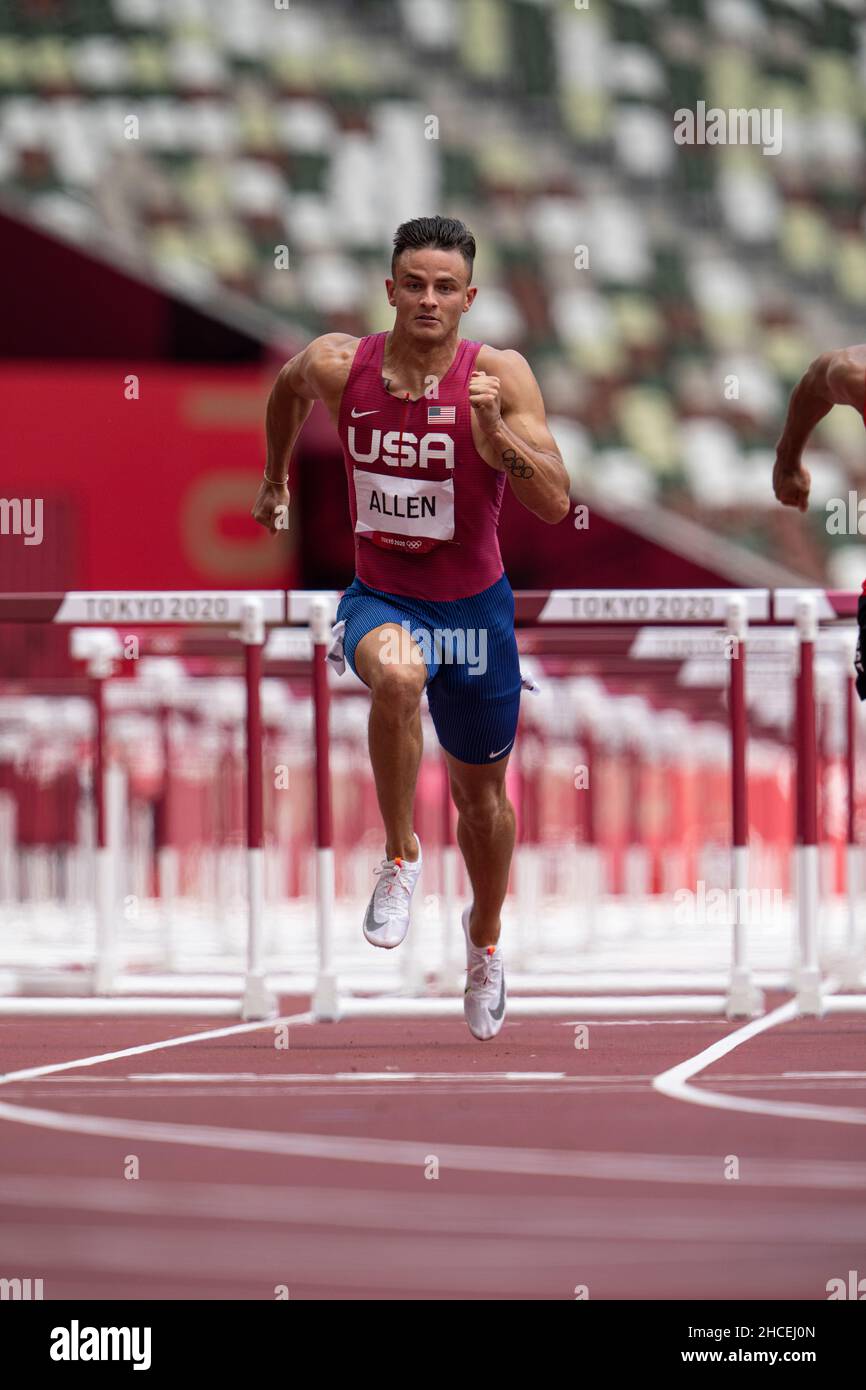 Devon Allen participating in the 110 meter hurdles at the 2020 Tokyo ...