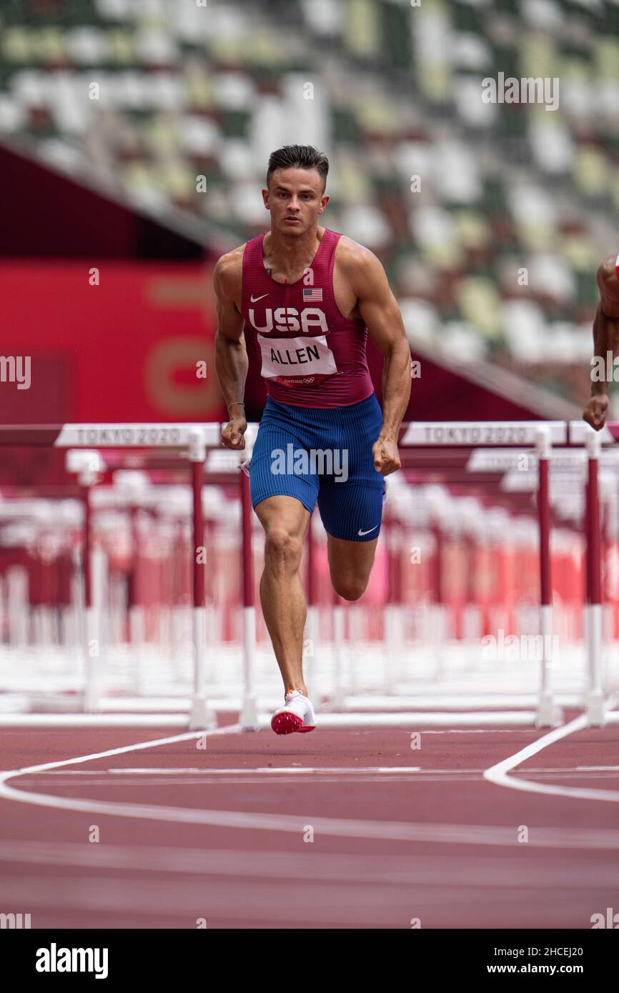 Devon Allen participating in the 110 meter hurdles at the 2020 Tokyo ...