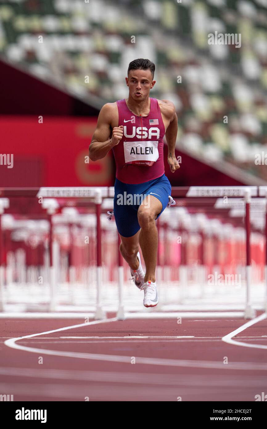 Devon Allen participating in the 110 meter hurdles at the 2020 Tokyo ...