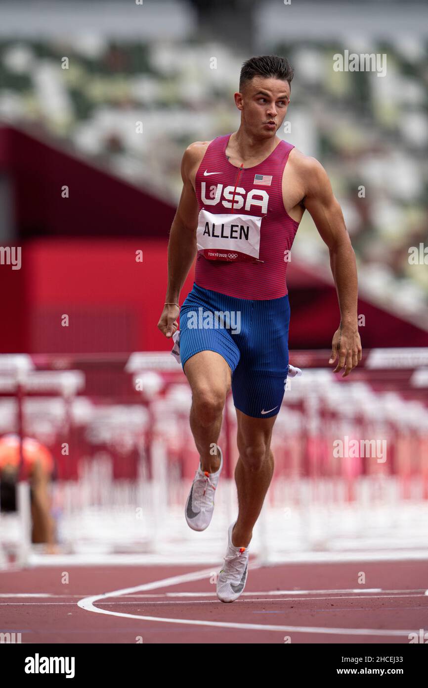 Devon Allen participating in the 110 meter hurdles at the 2020 Tokyo ...