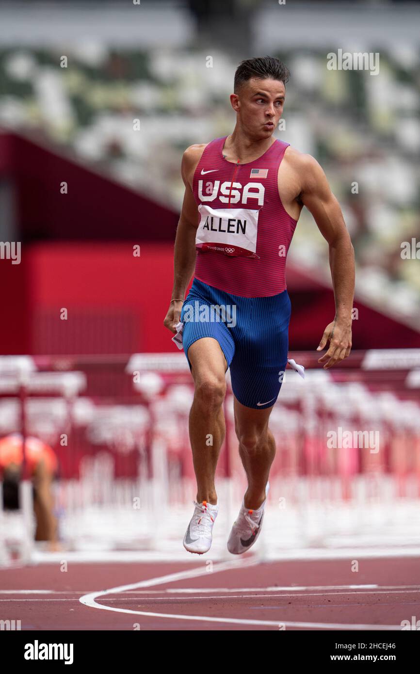 Devon Allen participating in the 110 meter hurdles at the 2020 Tokyo Olympics Stock Photo - Alamy