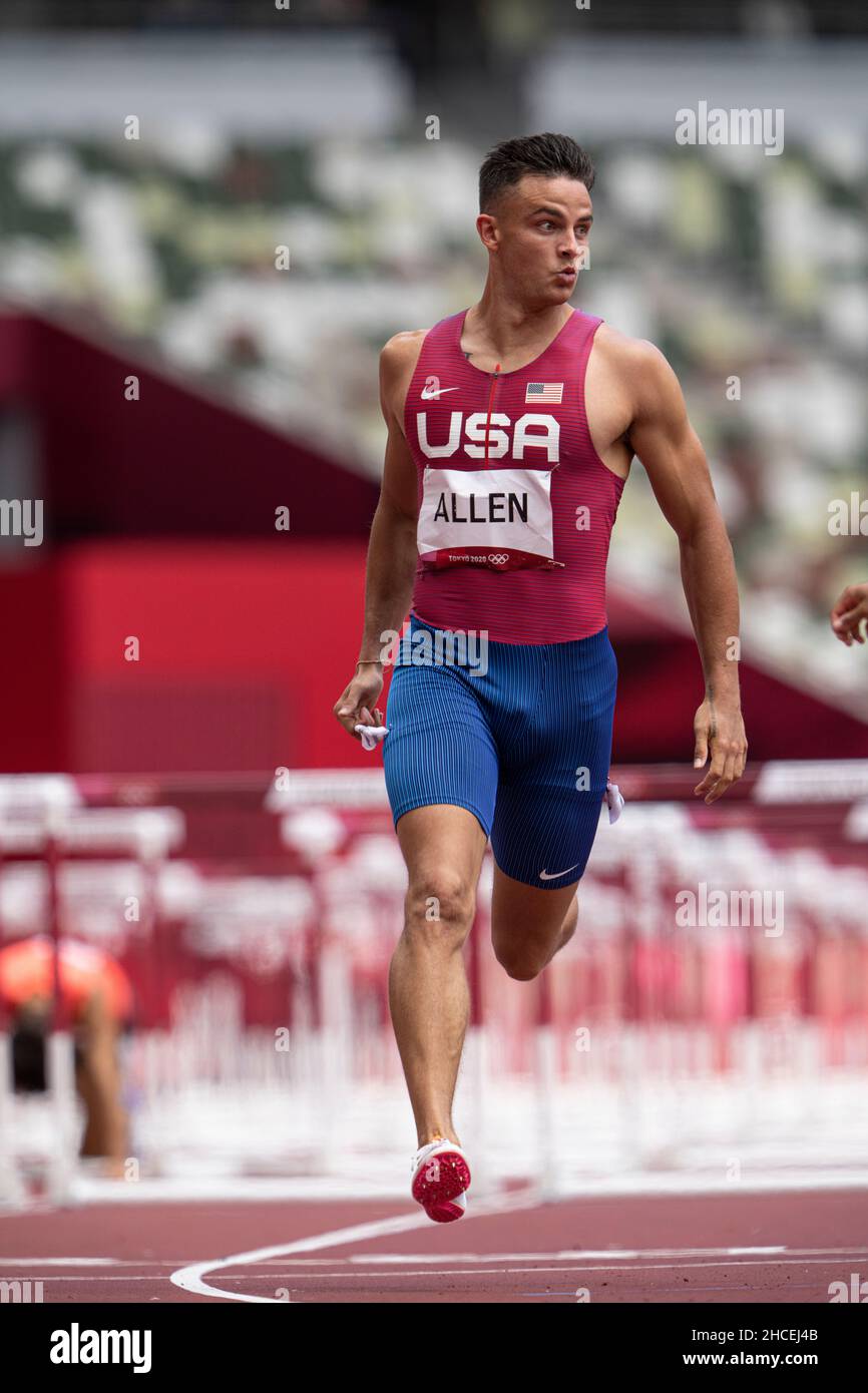 Devon Allen participating in the 110 meter hurdles at the 2020 Tokyo ...