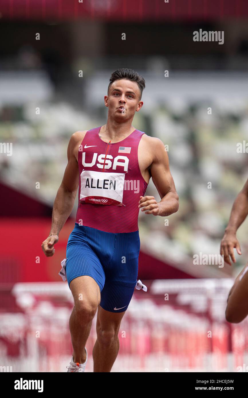 Devon Allen participating in the 110 meter hurdles at the 2020 Tokyo ...