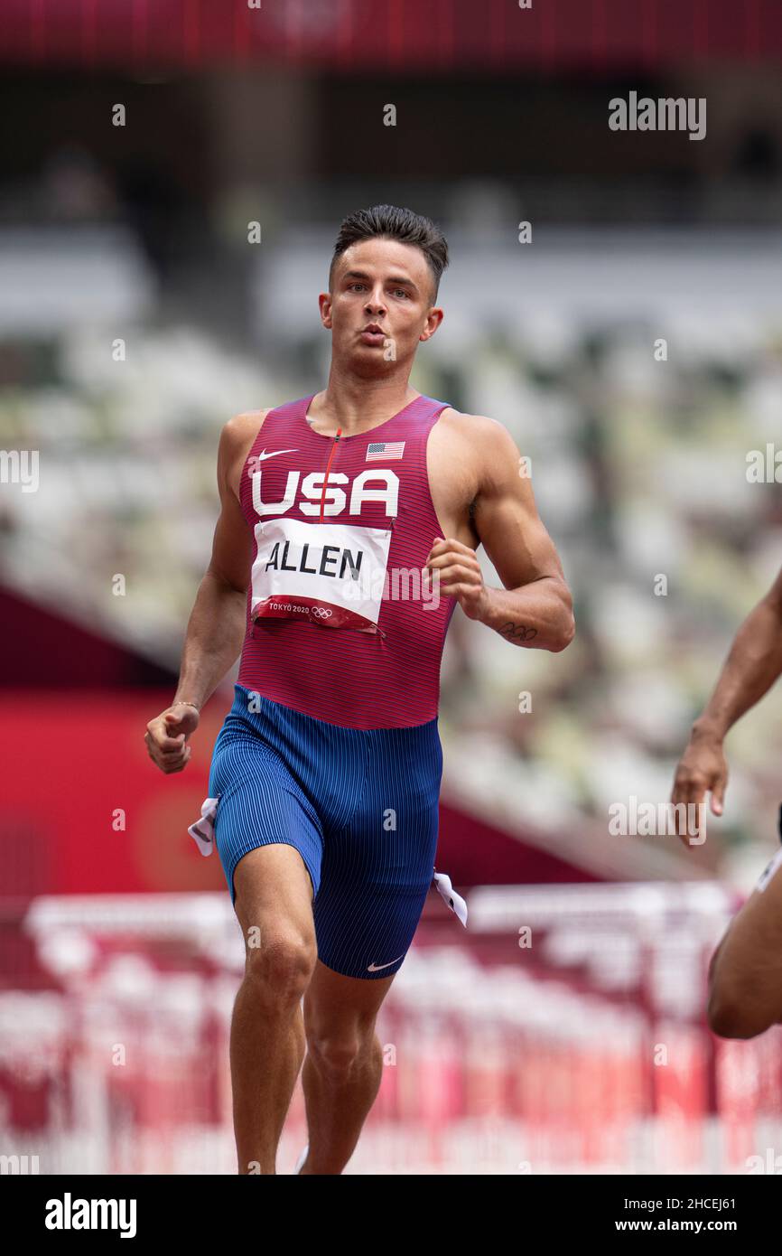 Devon Allen participating in the 110 meter hurdles at the 2020 Tokyo ...