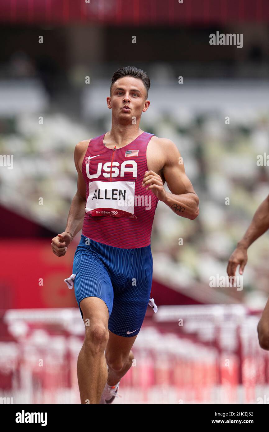 Devon Allen participating in the 110 meter hurdles at the 2020 Tokyo ...