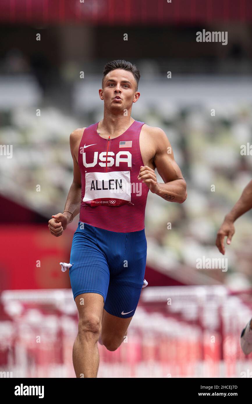 Devon Allen participating in the 110 meter hurdles at the 2020 Tokyo ...
