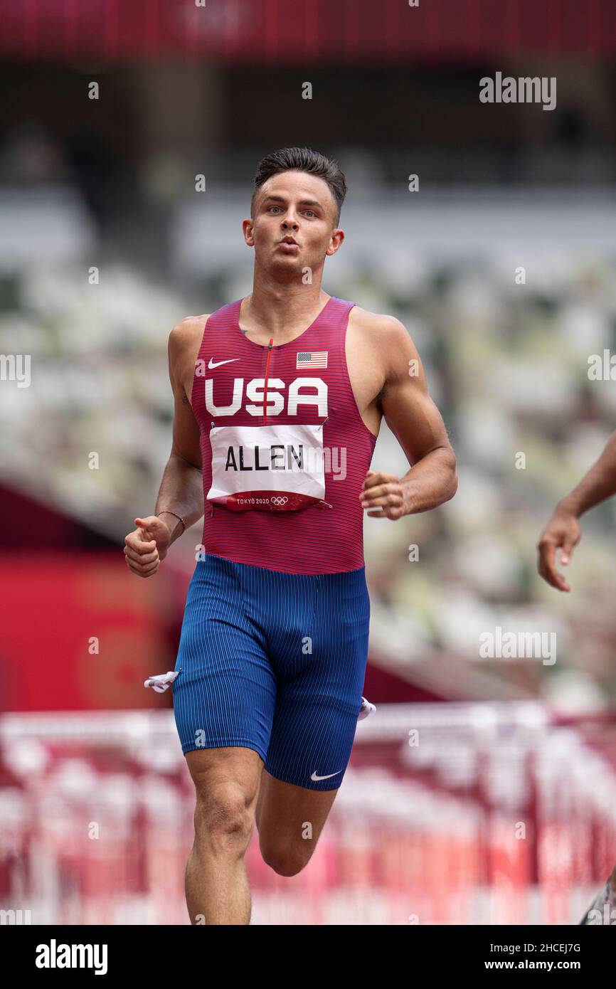 Devon Allen participating in the 110 meter hurdles at the 2020 Tokyo ...