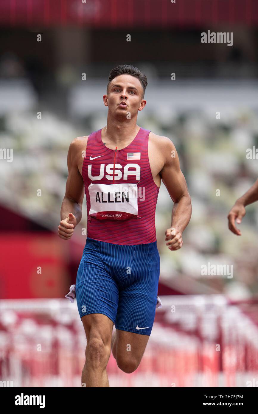 Devon Allen participating in the 110 meter hurdles at the 2020 Tokyo ...