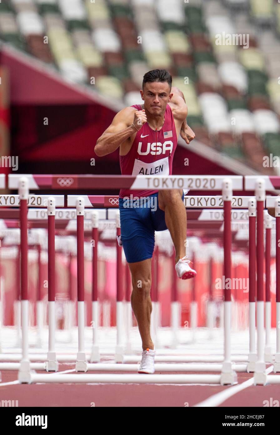 Devon Allen participating in the 110 meter hurdles at the 2020 Tokyo ...