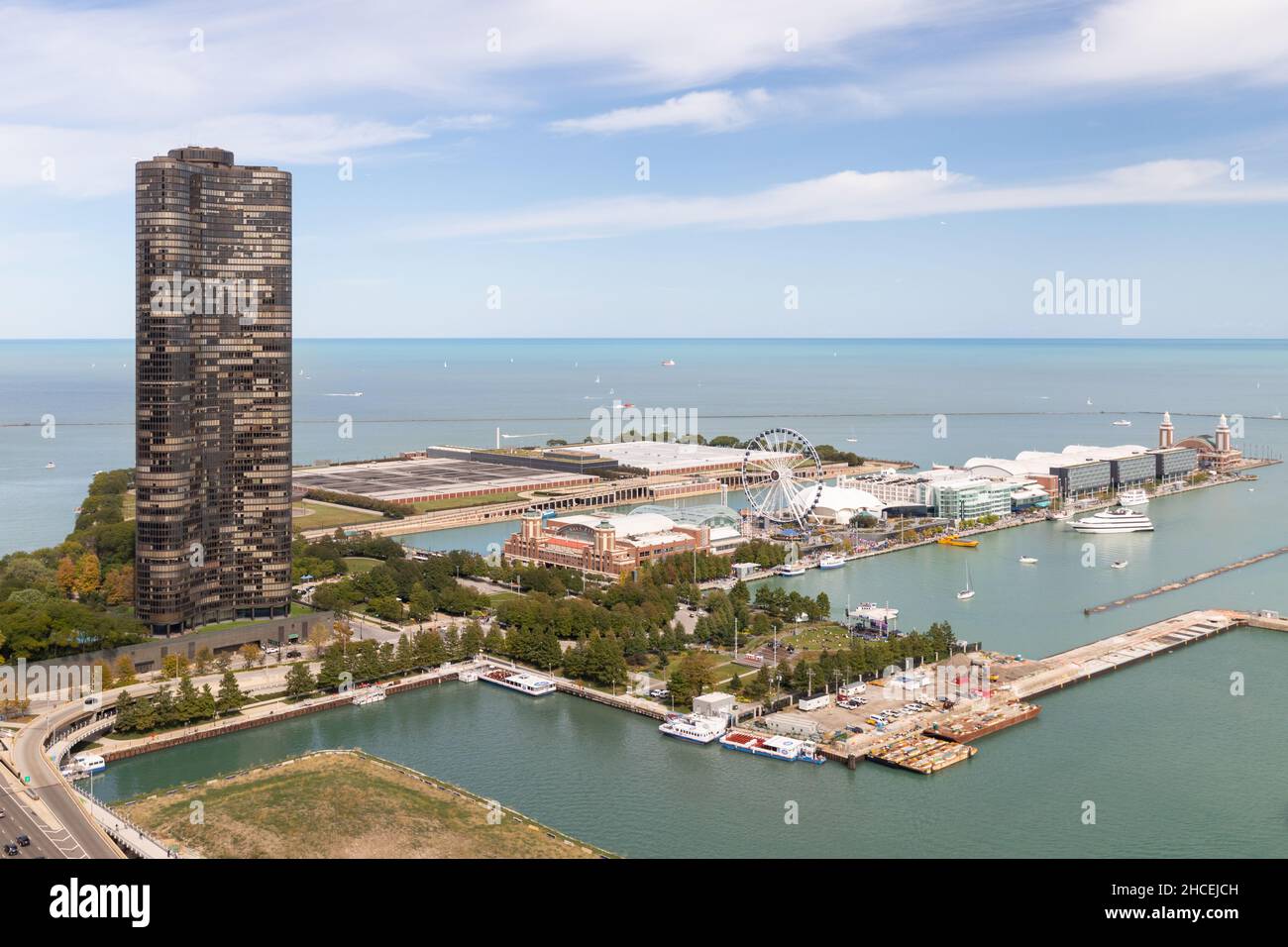 An aerial view of downtown Chicago's Navy Pier towards Lake Michigan ...