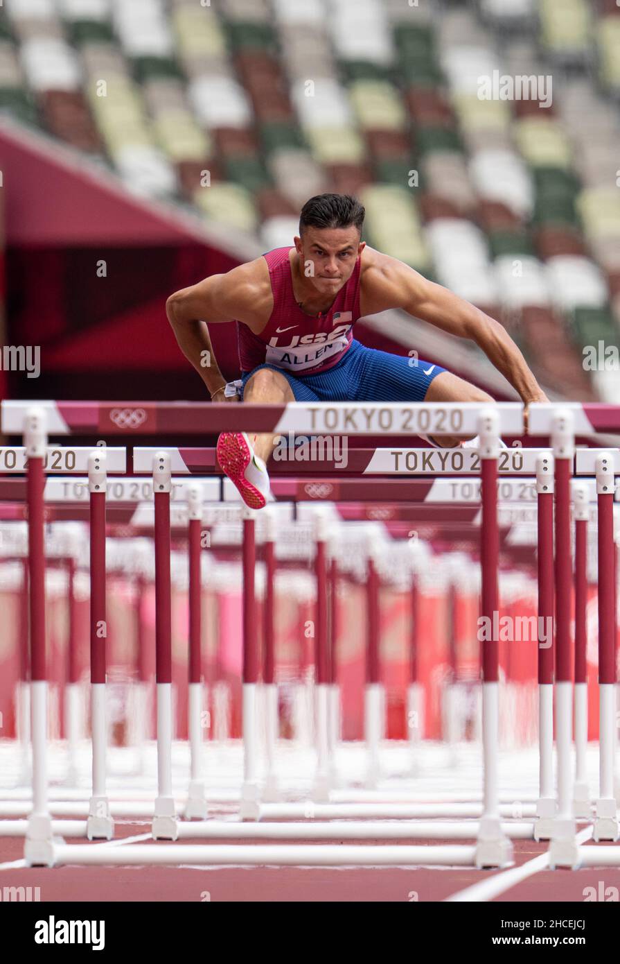 Devon Allen participating in the 110 meter hurdles at the 2020 Tokyo ...