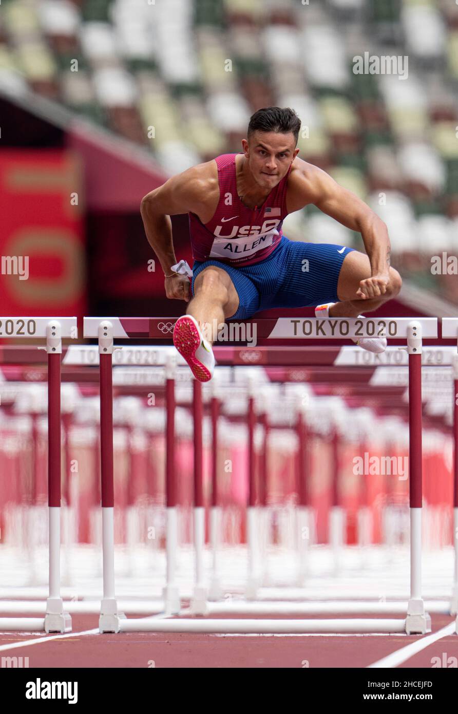 Devon Allen participating in the 110 meter hurdles at the 2020 Tokyo ...