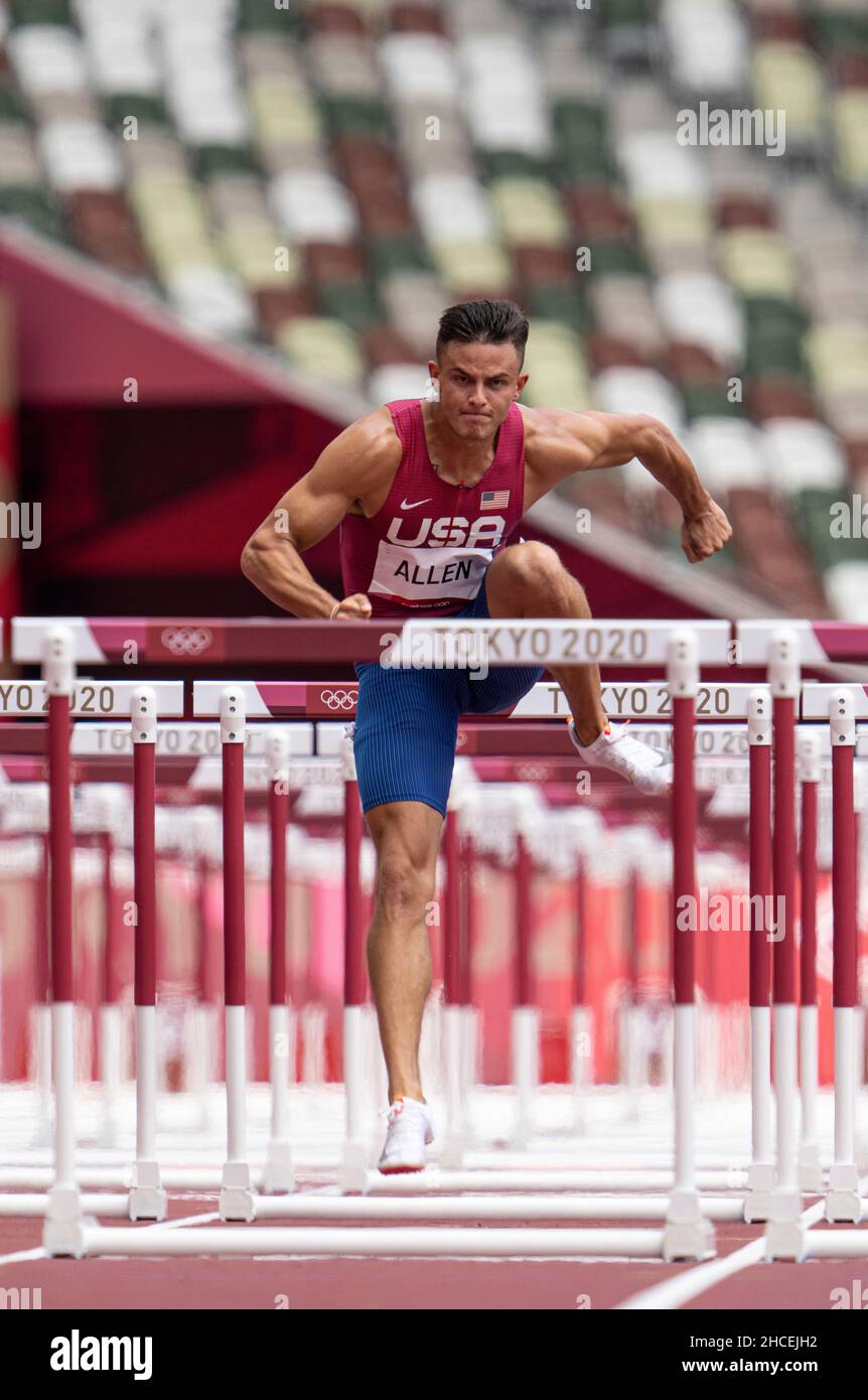 Devon Allen participating in the 110 meter hurdles at the 2020 Tokyo ...
