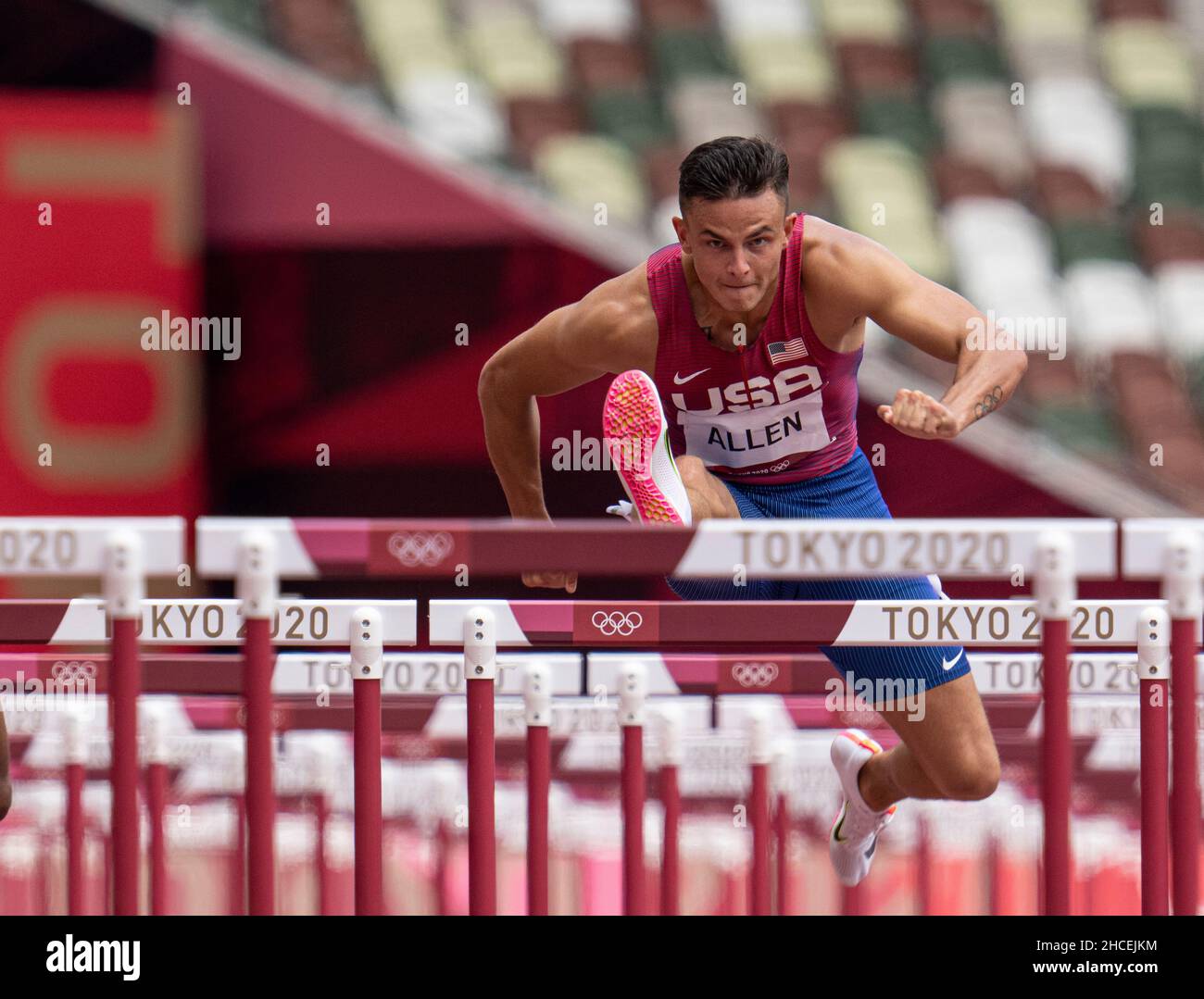 Devon Allen participating in the 110 meter hurdles at the 2020 Tokyo ...