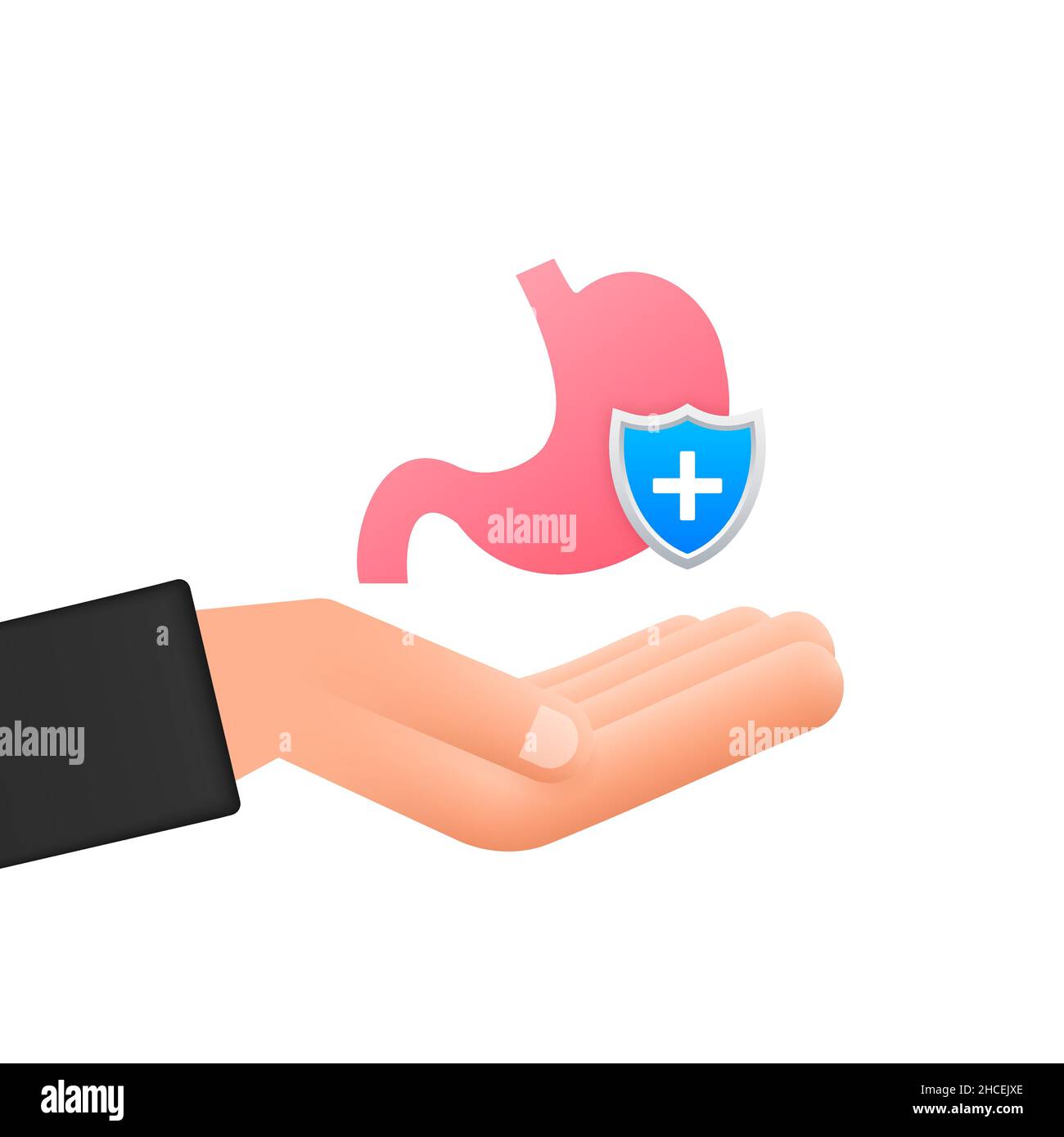 Stomach protection, Healthy protected intestine. Hand holding stomach ...