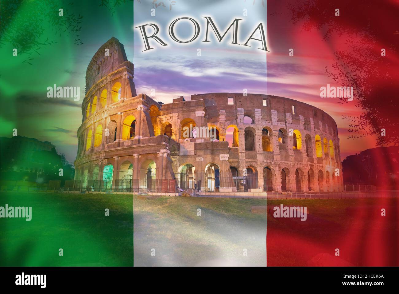 Colosseum of Rome dawn view on Italian flag overlay and with city name ...