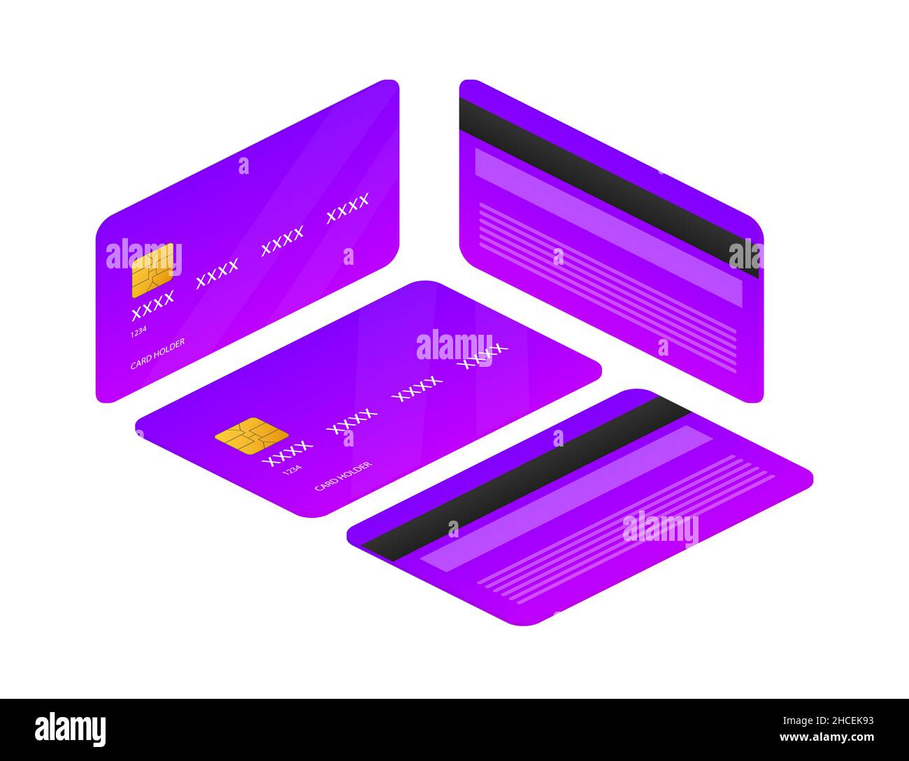 Purple flat credit card template on white background. Isometric view ...