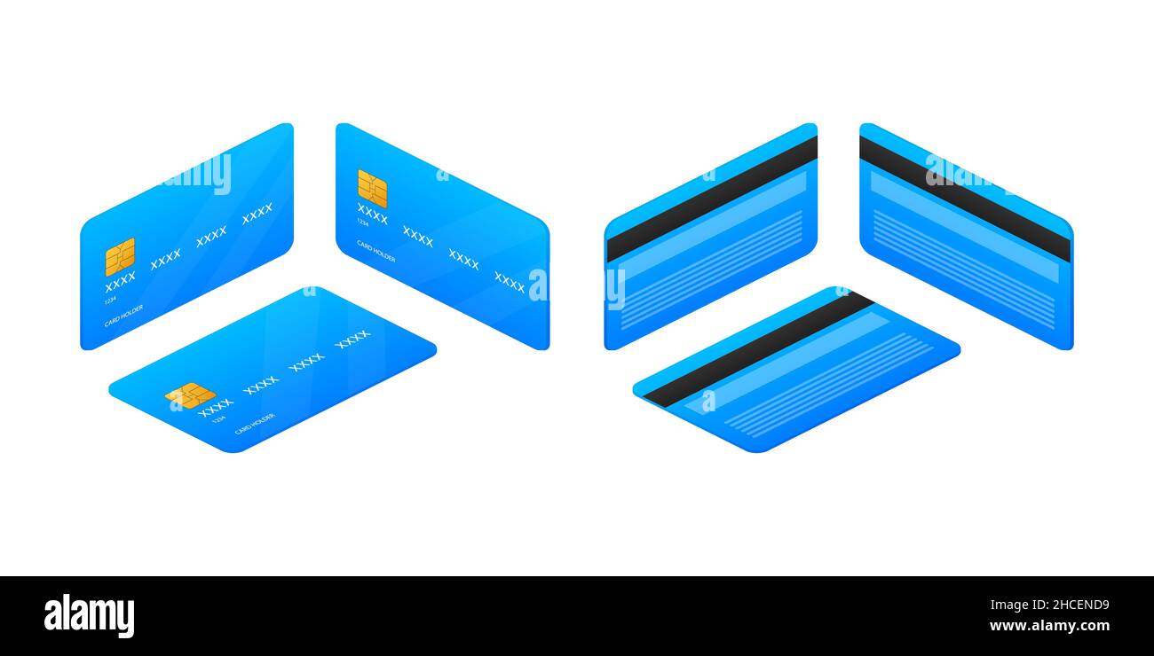 Blue flat credit card template on white background. Isometric view ...