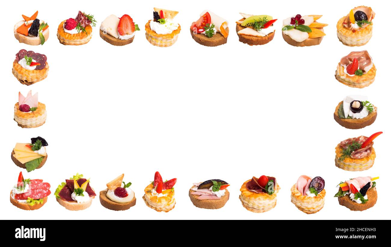 Canapes framing the white background with a copy space in the middle ...