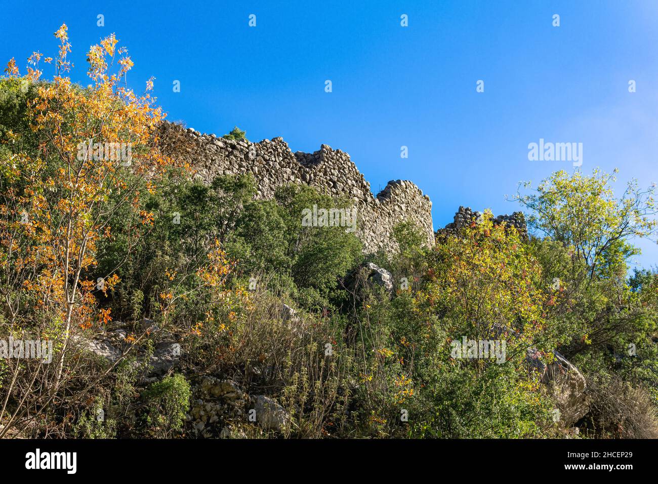 ruins of the antique castle Gedelme Kalesi in the Taurus mountains in ...