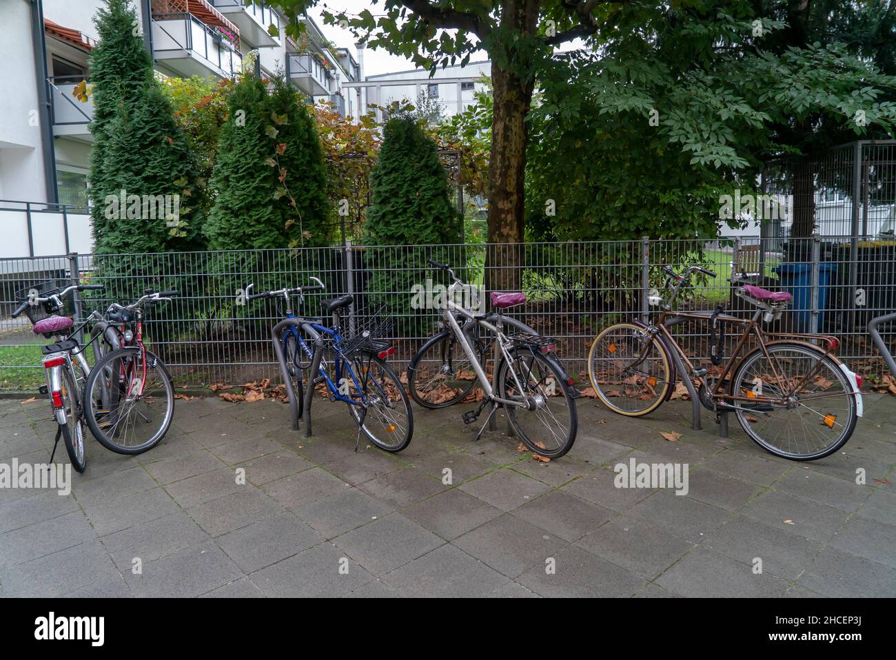 Daylight shot of four bicycles parked on a sidewalk near a private yard ...