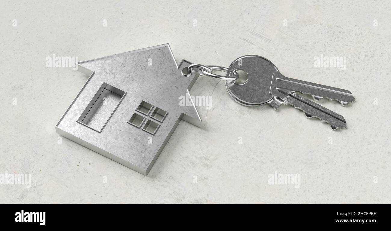 Keys with house shaped keychain on a concrete ground floor as a house ...
