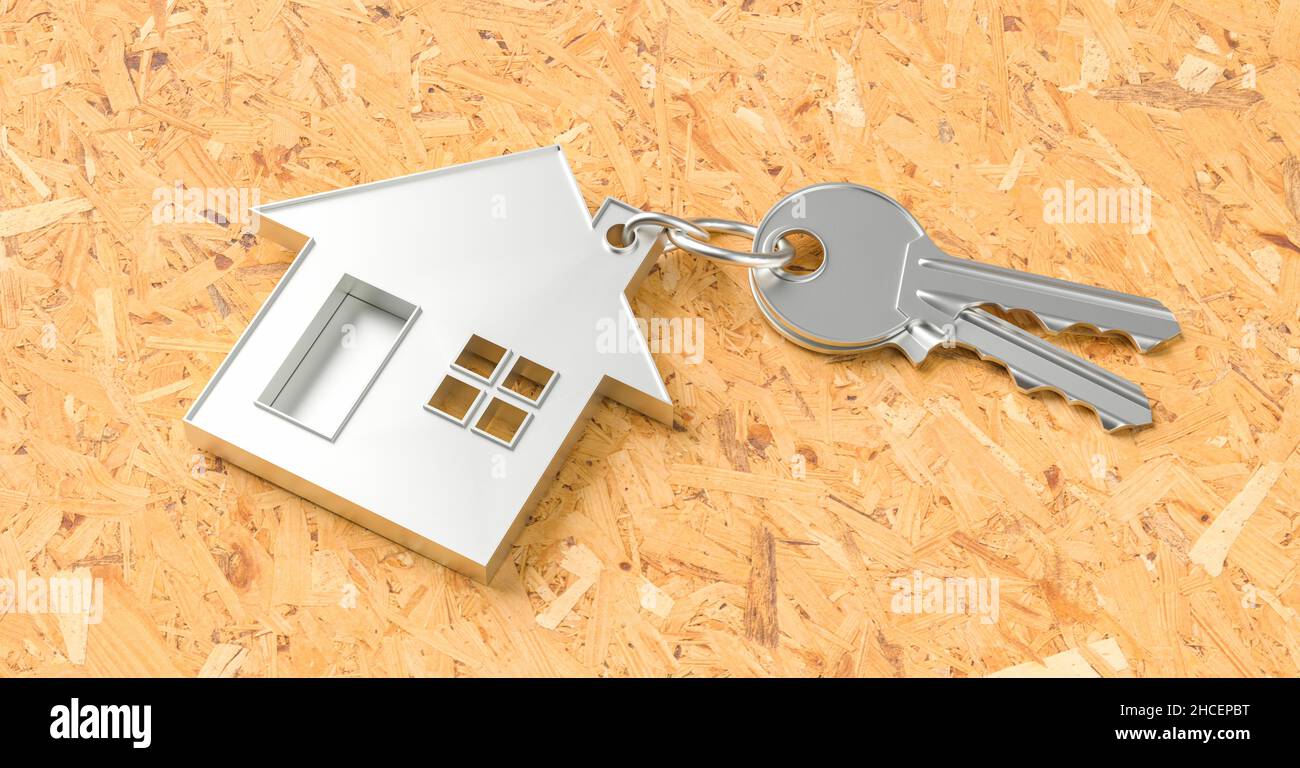 House as a pendant on a key on plywood floor as a house purchase and ...
