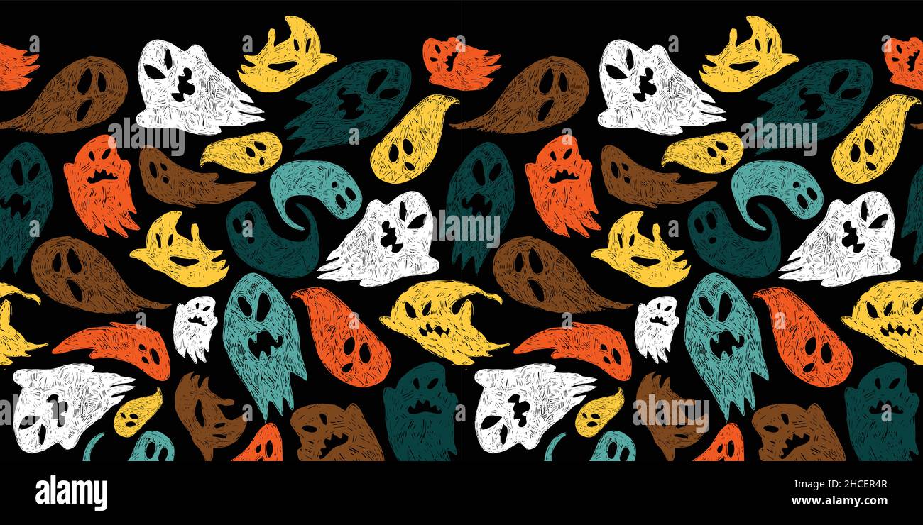 Vector black colourful cute sketch of cartoon ghosts horizontal border ...