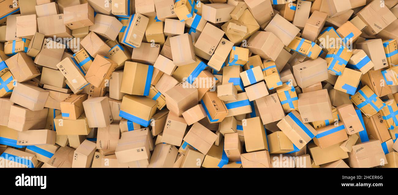 Stack of cardboard delivery boxes or parcels, panoramic banner ...