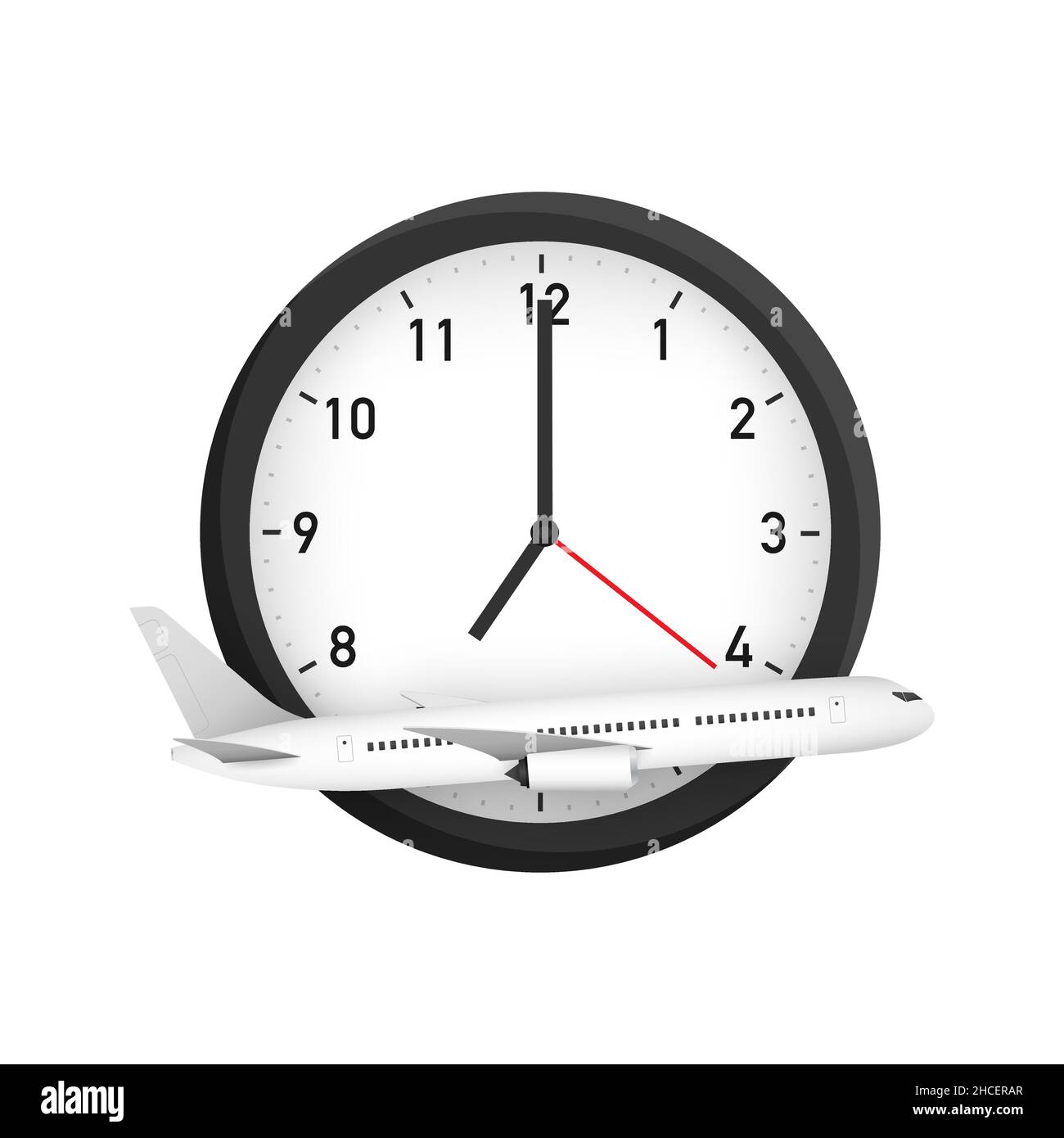 Airplane with clock sign. Airport flights symbol. Creative holiday ...