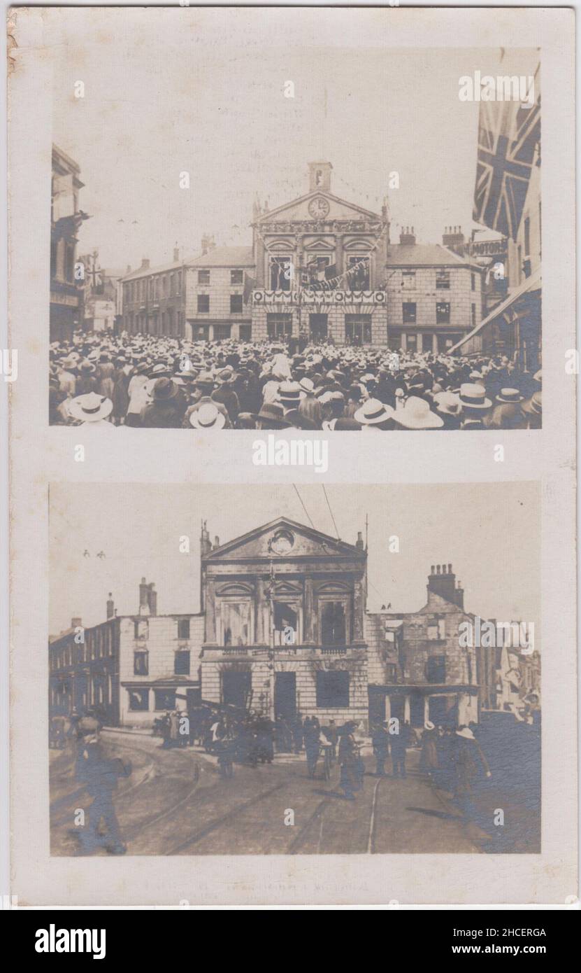 Before and after photographic postcard showing Luton Town Hall before ...