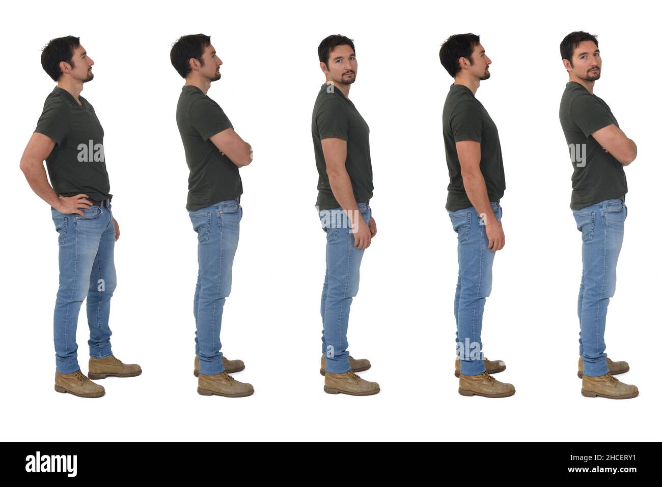 side view of same man with various poses on white background Stock ...