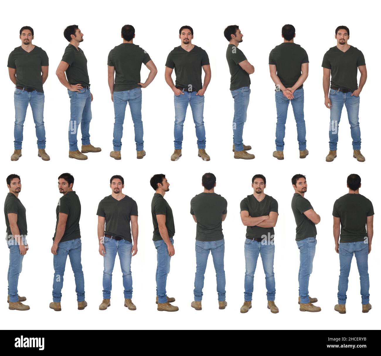 full portrait of a man back, side and front view on white background ...