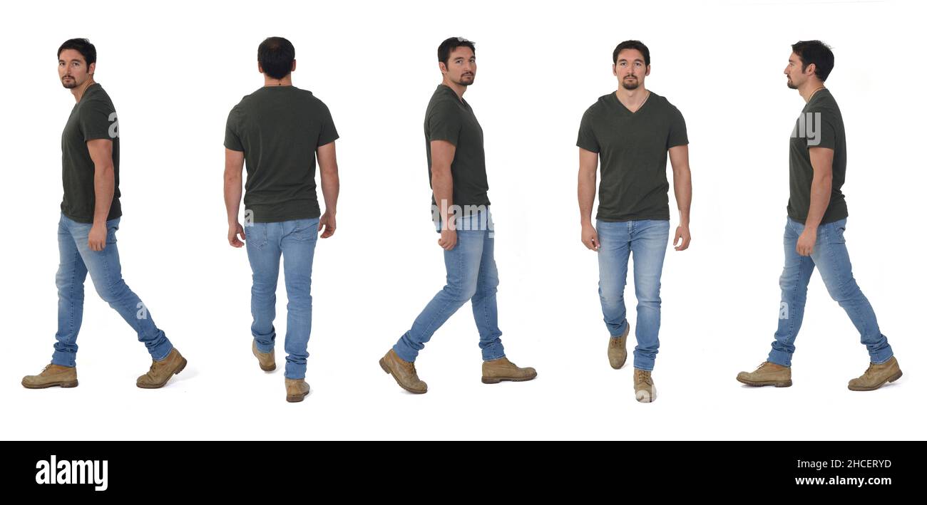 line of same man walking on white background Stock Photo - Alamy