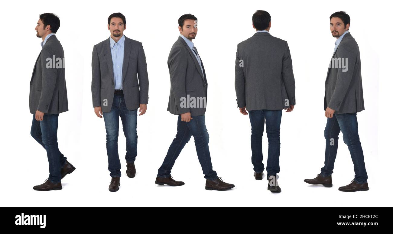 line of front, back and side view of same man walking on white ...