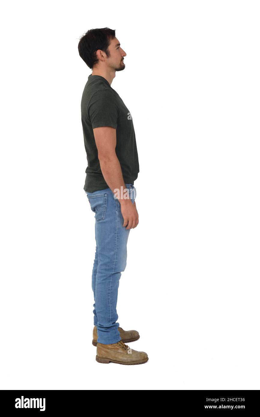 full portrait of a man in profile looking on white background Stock ...