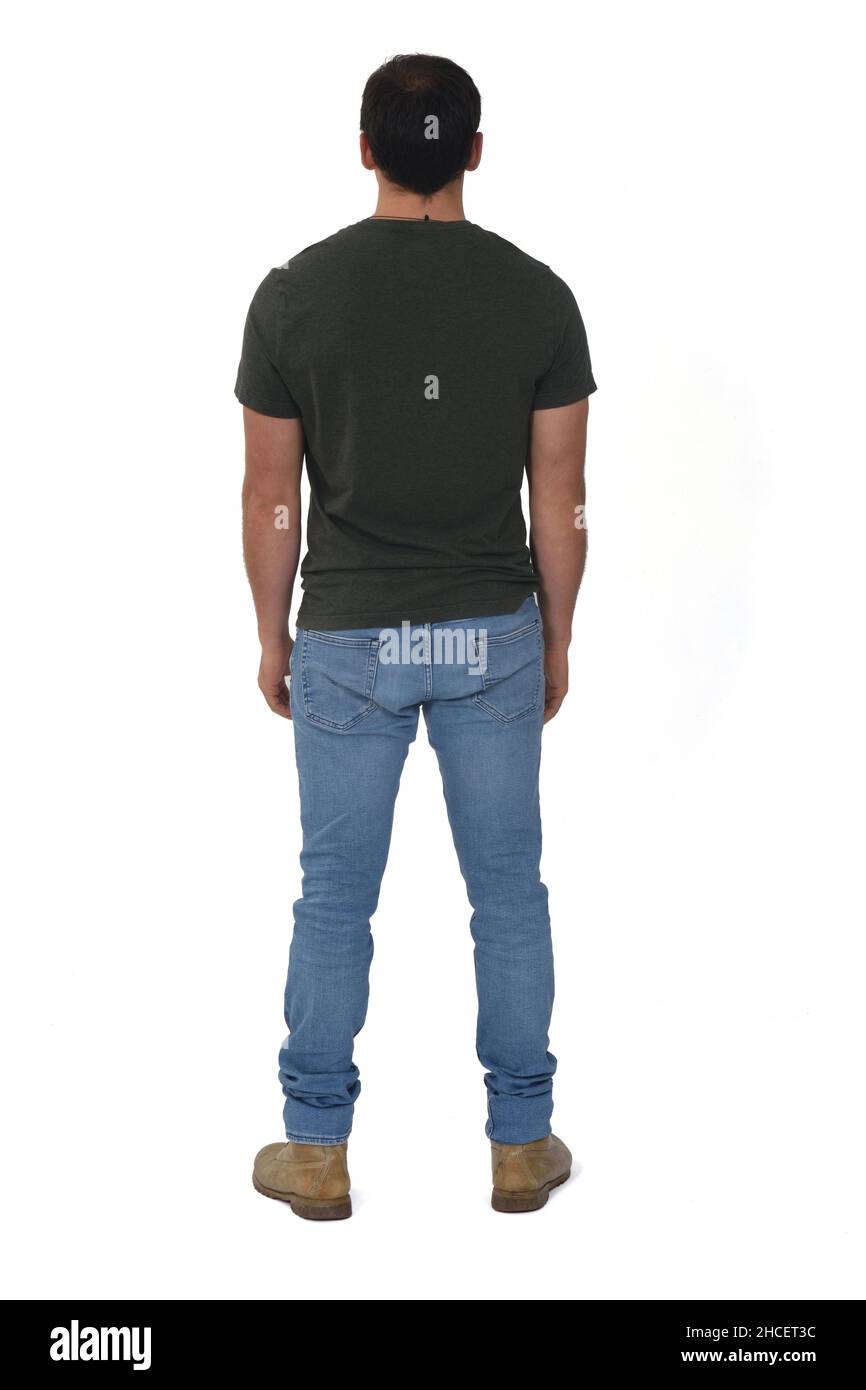 full portrait of rear view of man on white background Stock Photo - Alamy