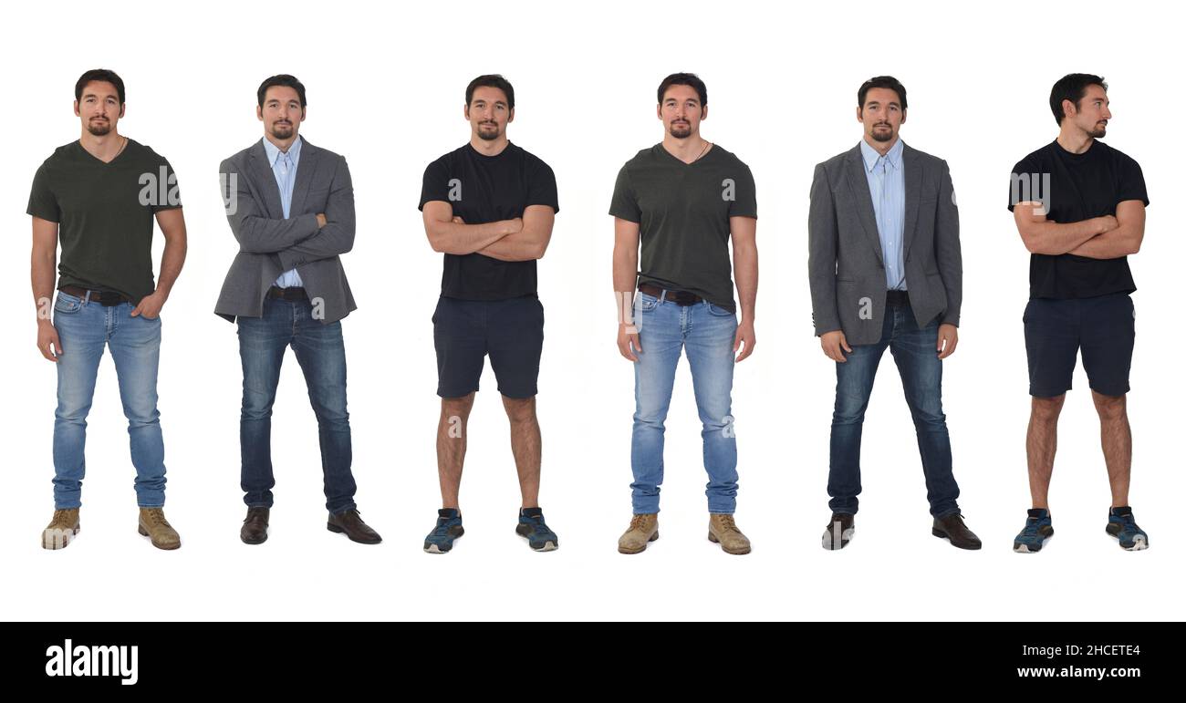 same men with various outfits on white background Stock Photo - Alamy