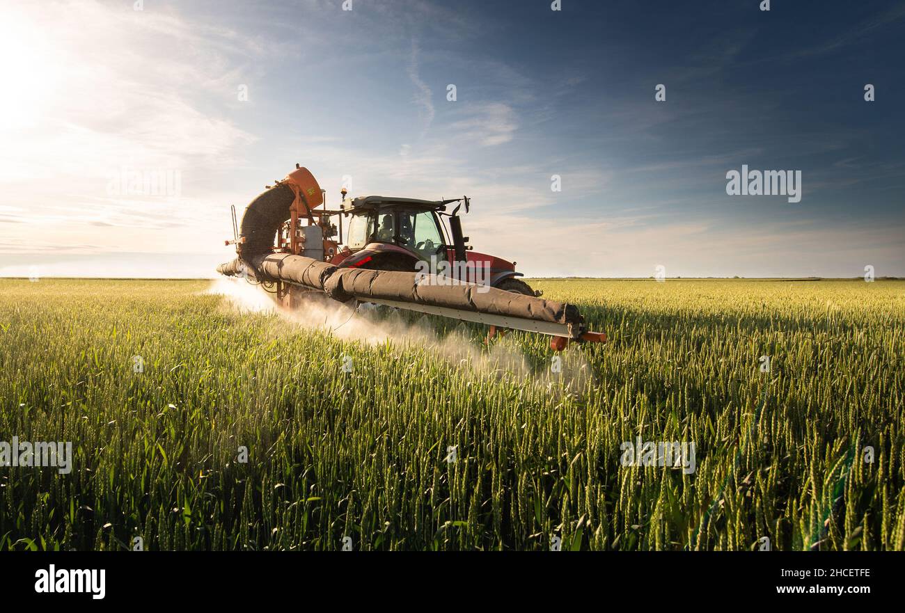 Tractor spraying pesticides over a green field Stock Photo - Alamy